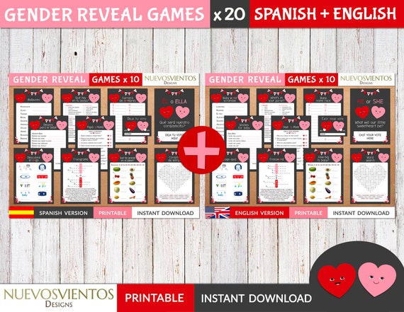 Valentines day gender reveal games printable BILINGUAL, Spanish ...