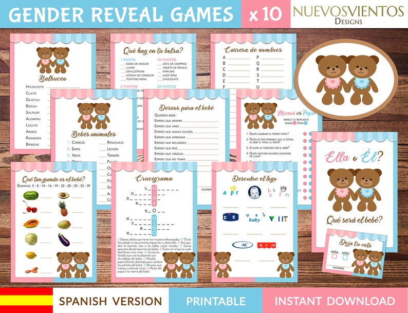 SPANISH Teddy Bear Gender Reveal Games Printable Sex Reveal - Etsy
