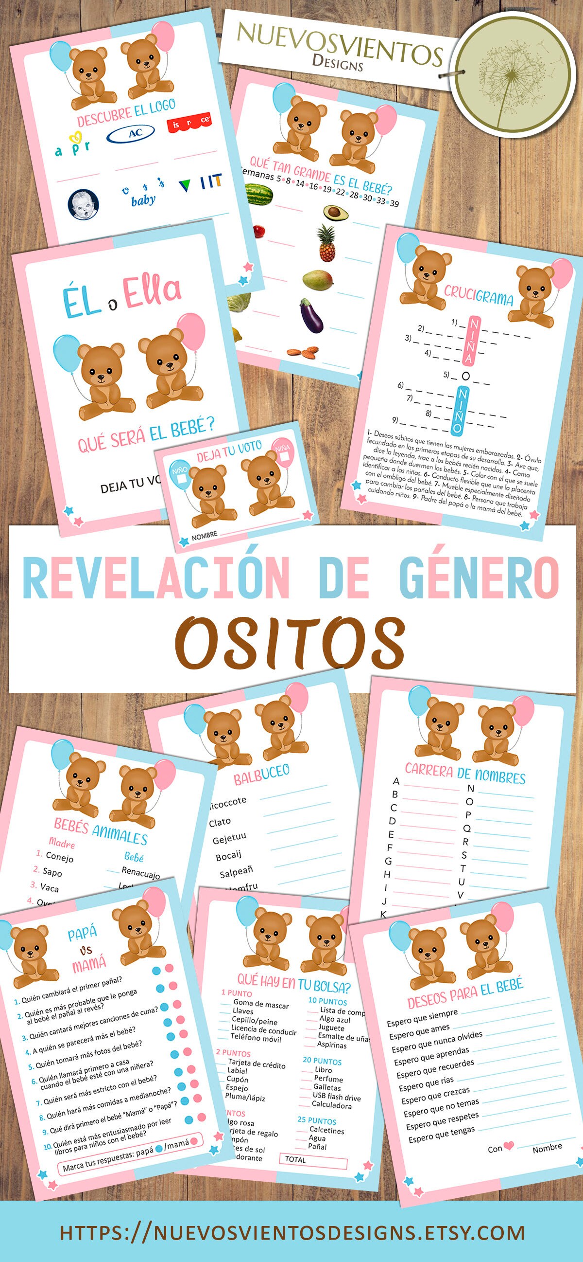 SPANISH Teddy Bear Gender Reveal Games Printable, Sex Reveal Game Set ...