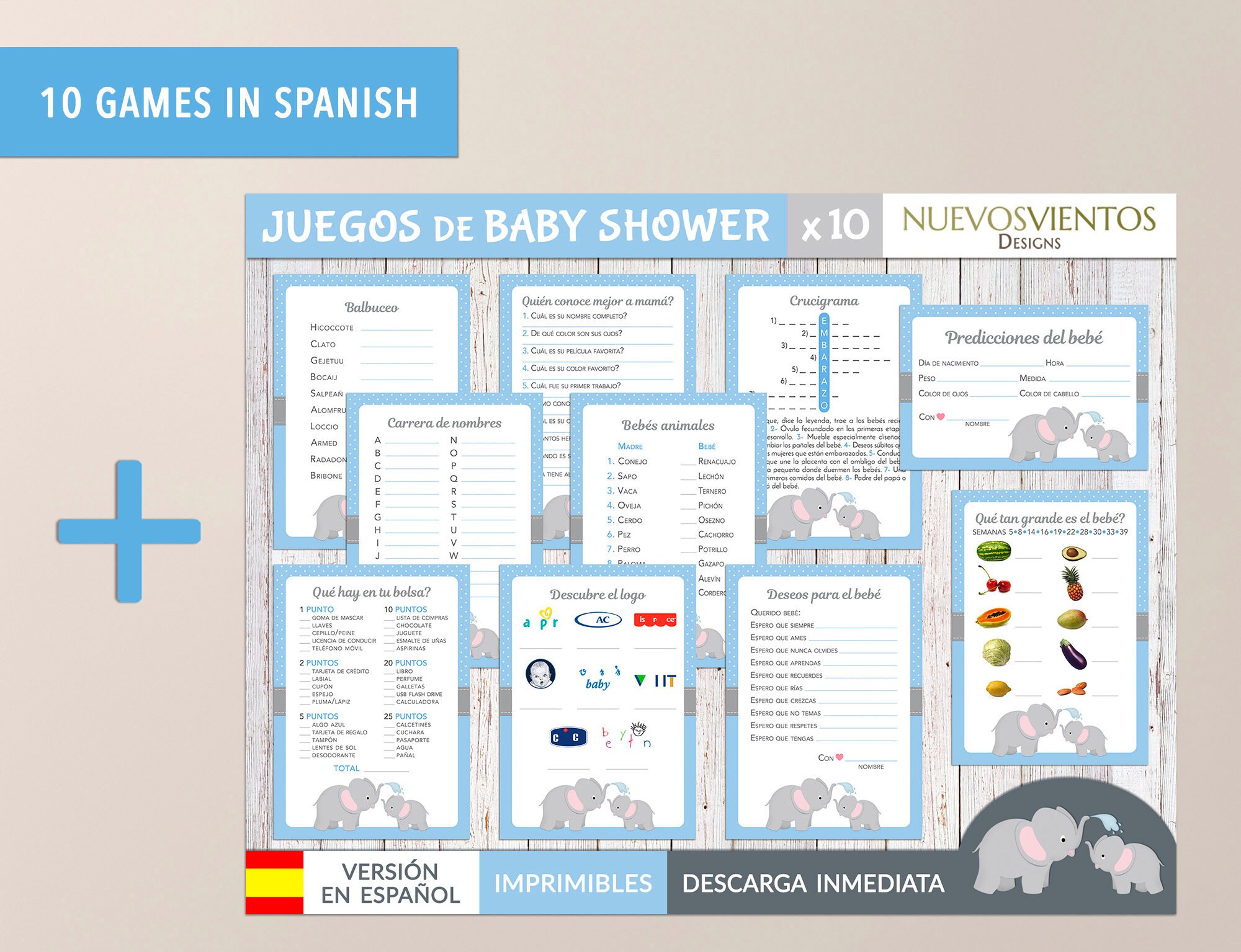 BILINGUAL Baby Shower: 10 Elephant Baby Shower Games in Spanish + 10 ...