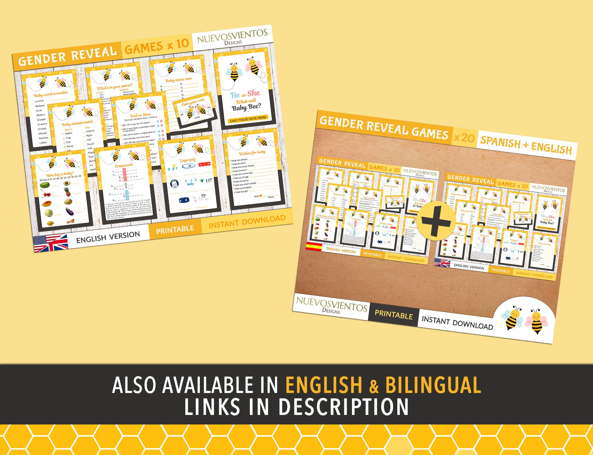 SPANISH Bee Gender Reveal Printable Games Instant Download - Etsy