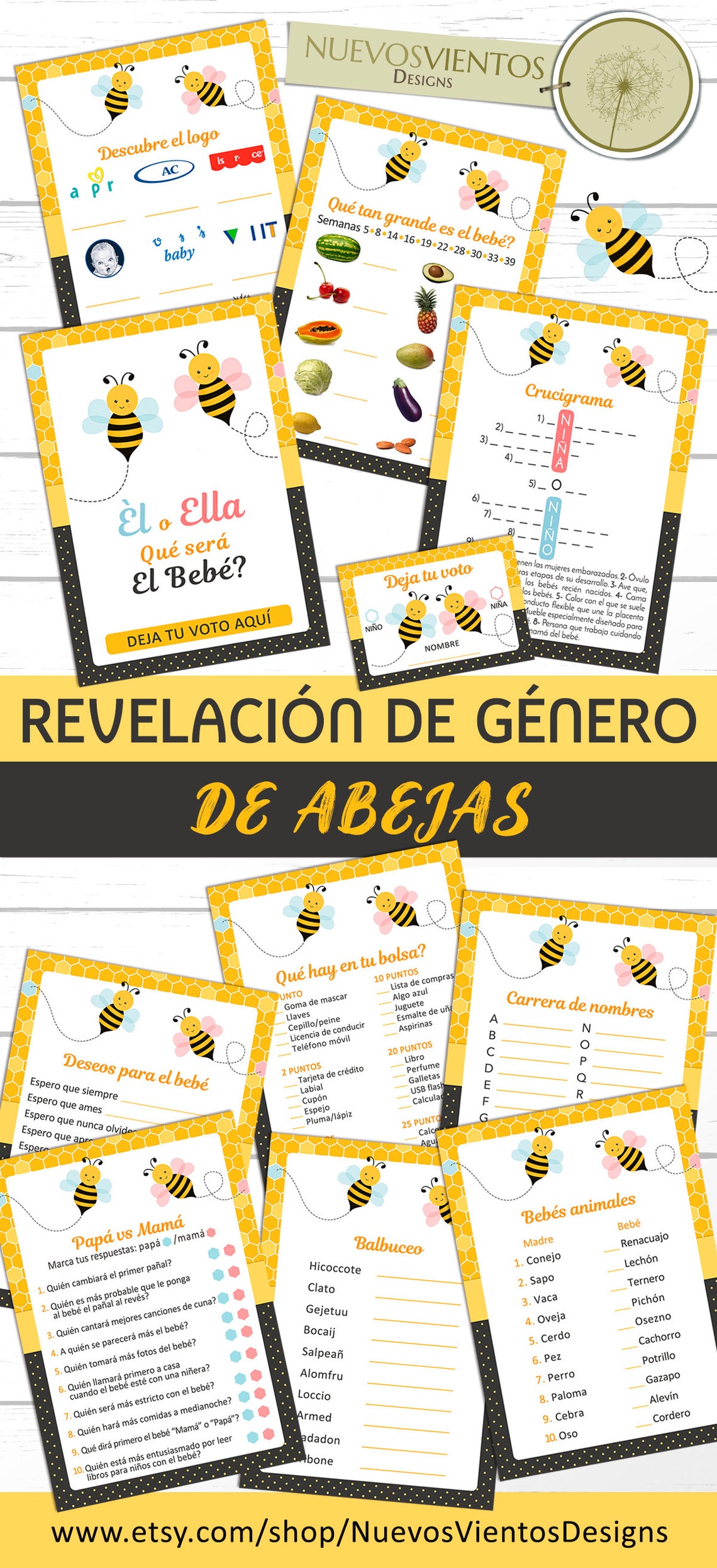 SPANISH Bee Gender Reveal Printable Games Instant Download - Etsy