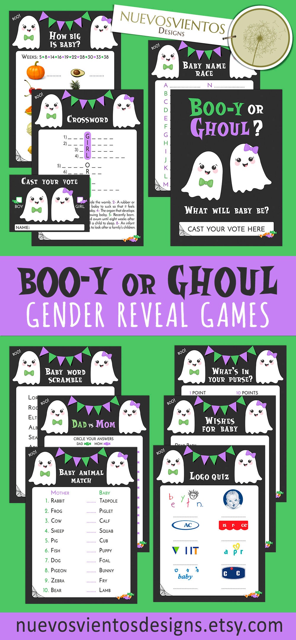 HALLOWEEN Gender Reveal Games Printable 10 Booy or Ghoul Purple and ...