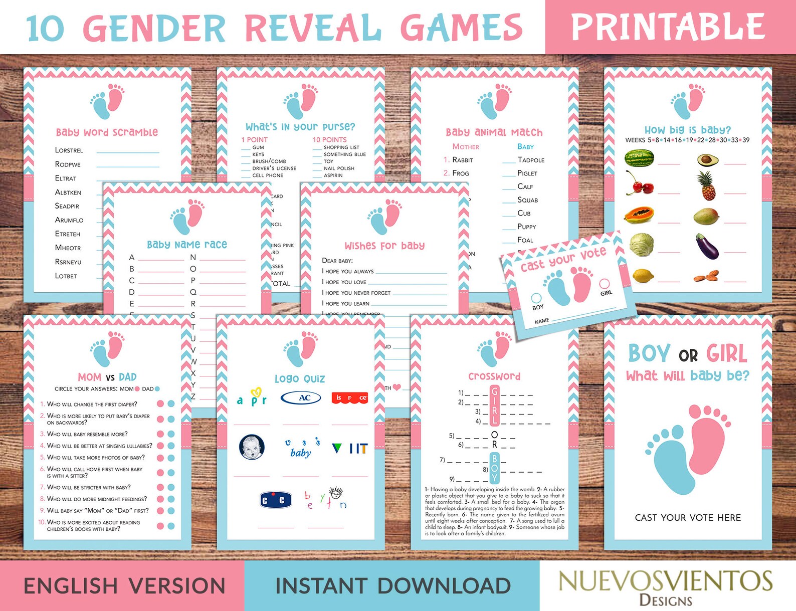 Gender Reveal Baby Feet Printable Games Bundle Set of 10 Activities - Etsy