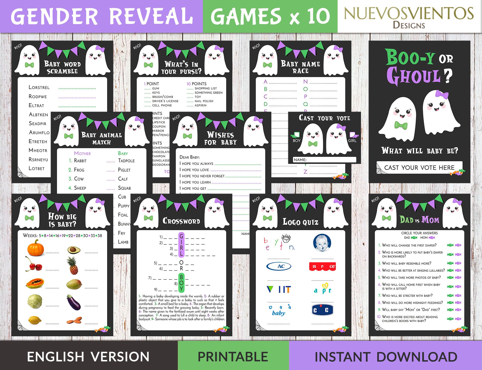 HALLOWEEN Gender Reveal Games Printable - 10 Booy or Ghoul Purple and ...