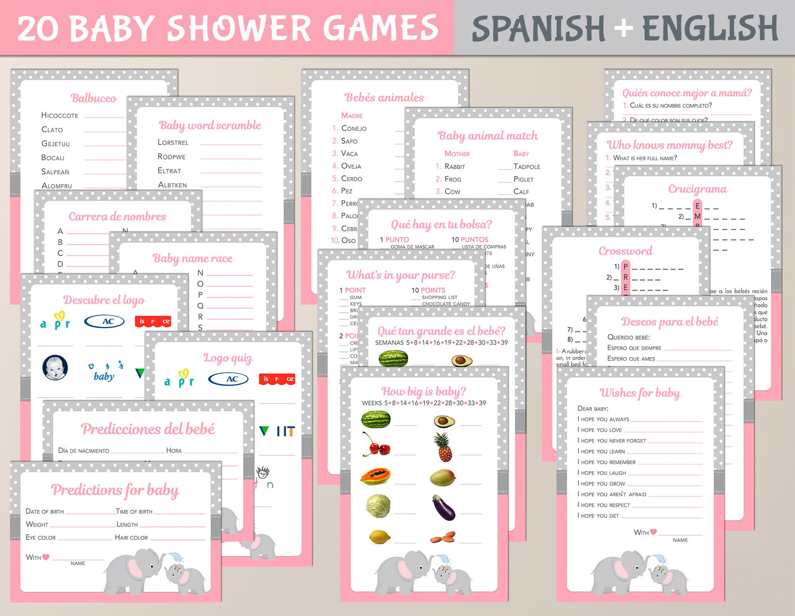 Elephant BILINGUAL Baby Shower Games in Spanish and English, Bilingual ...