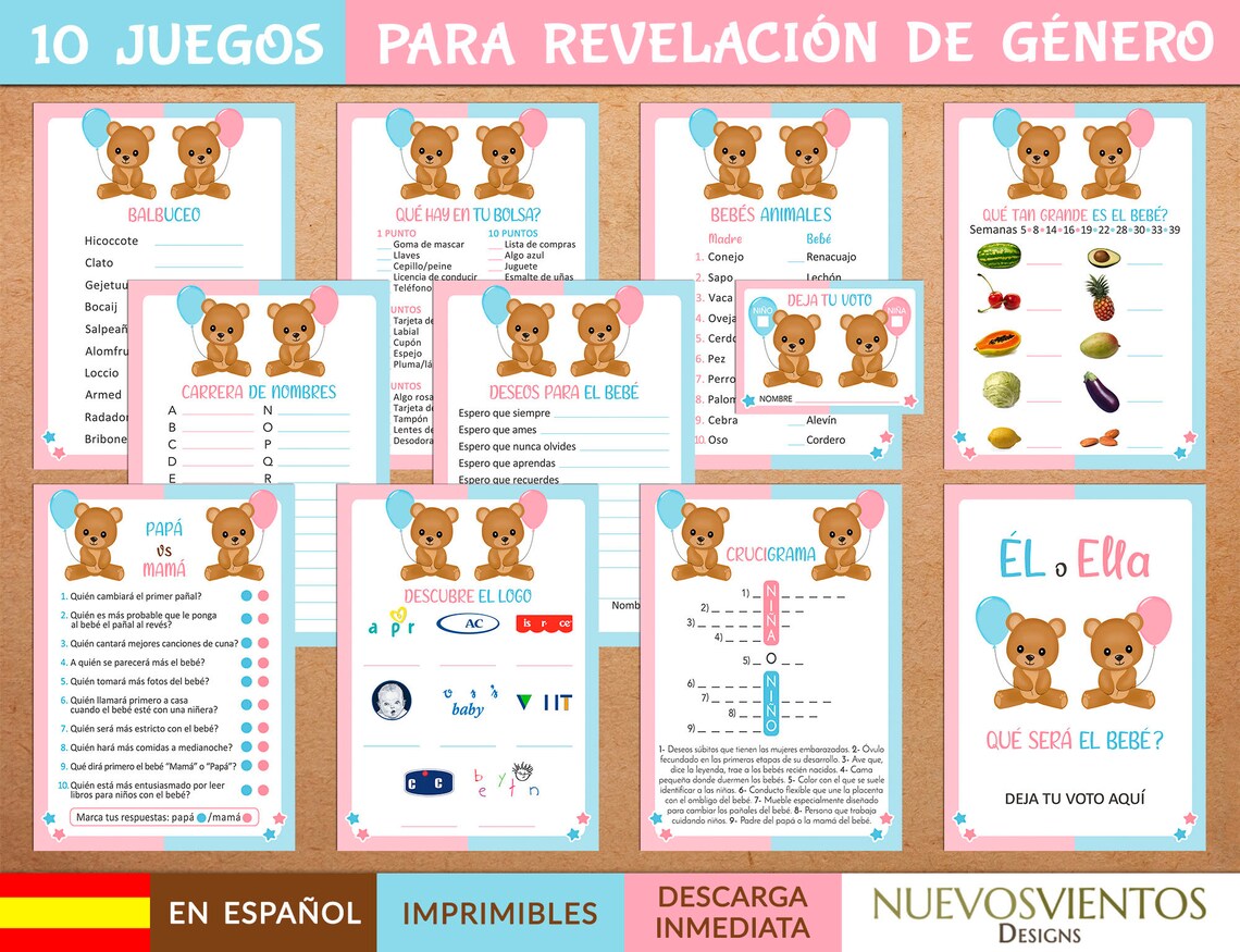Spanish Teddy Bear Gender Reveal Games: 10 Printable Games (instant ...