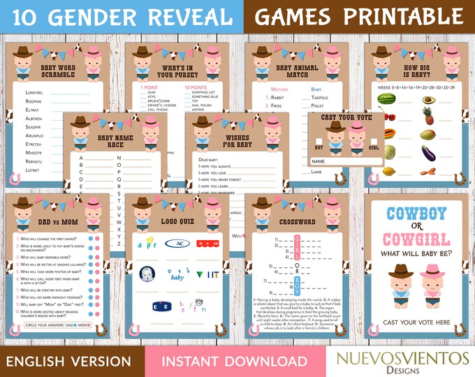 Printable Cowboy or Cowgirl Gender Reveal Games Western Gender Reveal ...