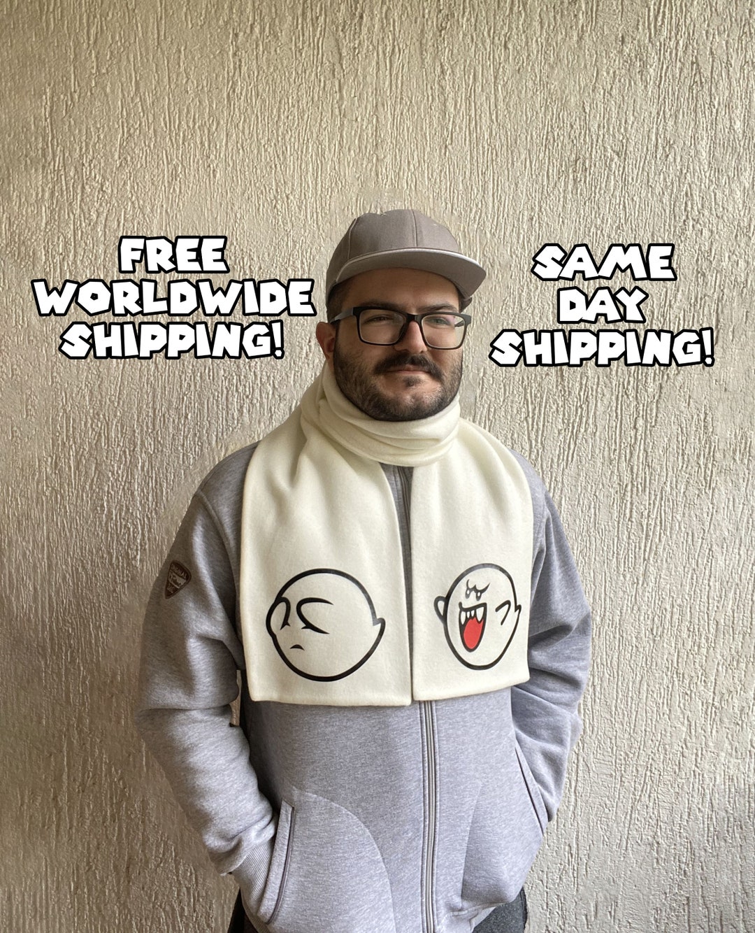 Shy Boo Super Mario Scarf White Gamer Unisex 2 in 1 Long Lightweight ...