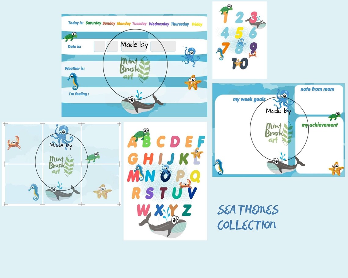 Printable alphabet with Cute sea animals pack letters numbers | Etsy