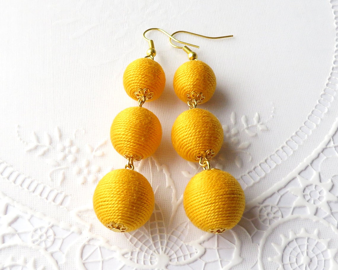 Amber Yellow Bon Bon Earrings Ball Drop Long Earrings Les - Etsy