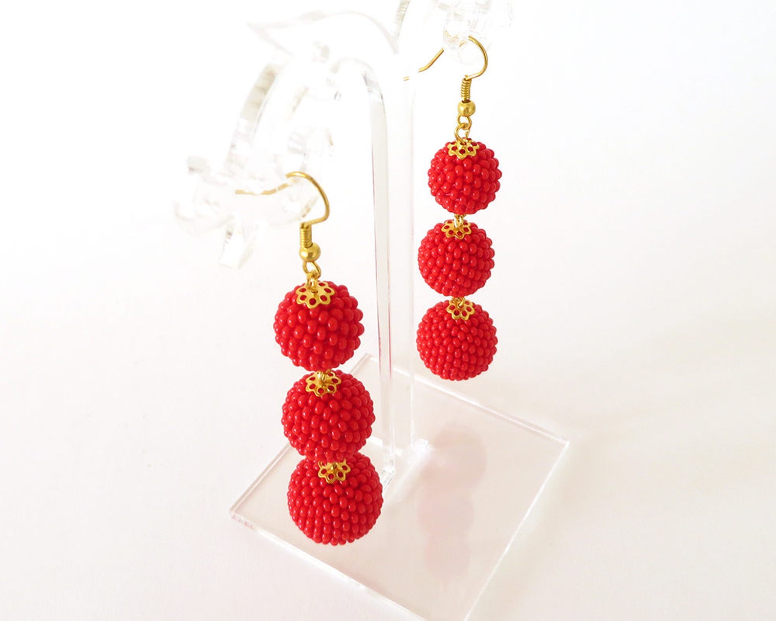 Red Ball Drop Earrings Red Bon Bon Earrings Long Seed Beaded - Etsy