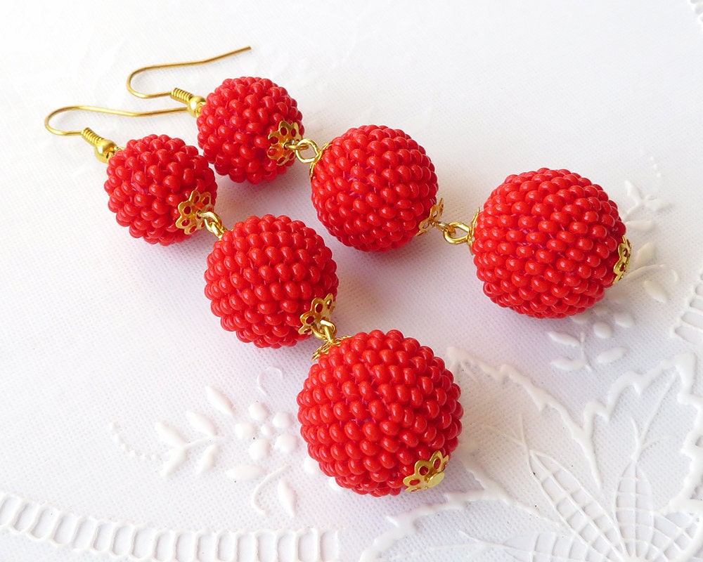 Red Ball Drop Earrings Red Bon Bon Earrings Long Seed Beaded | Etsy