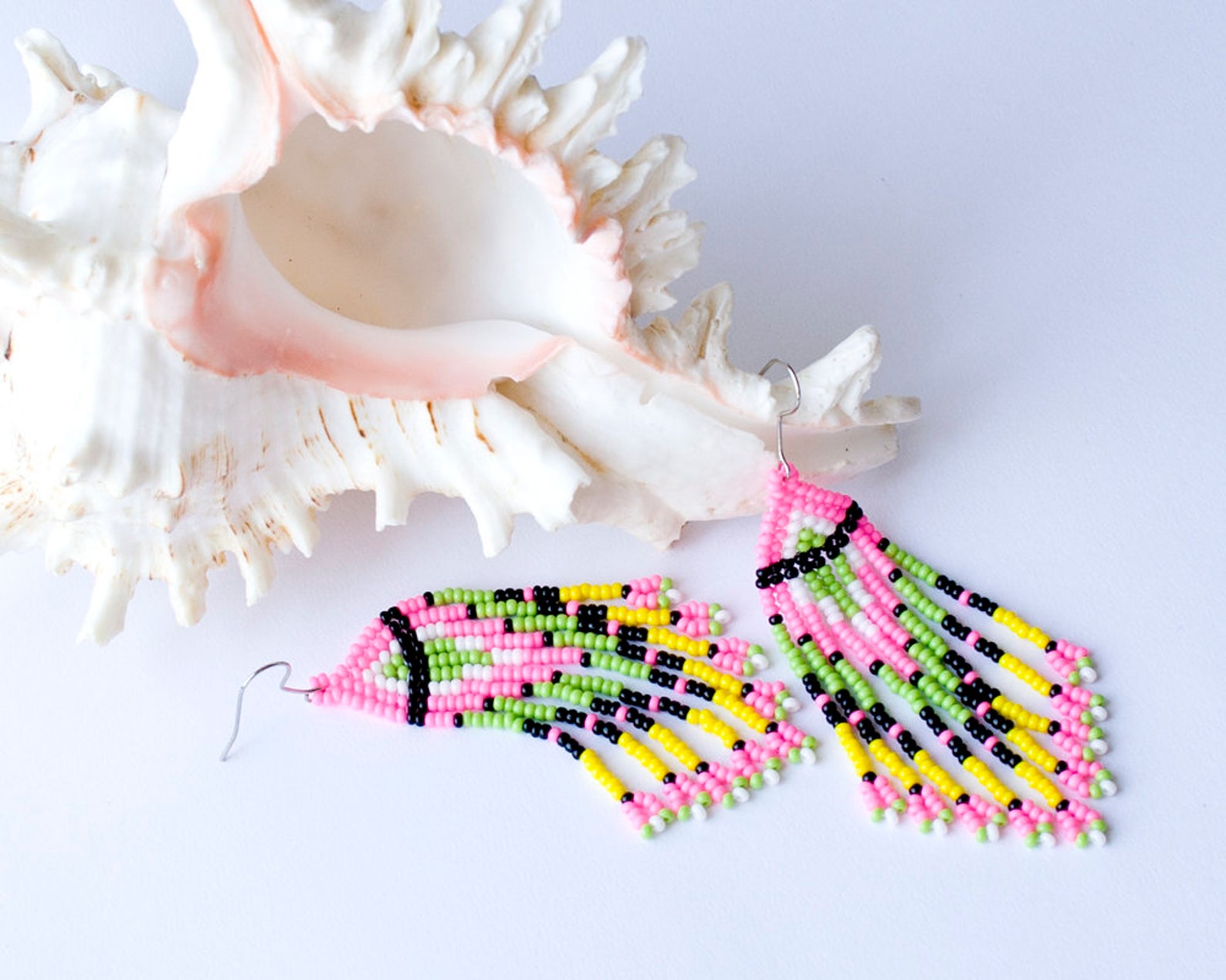 Long Colorful Beaded Earrings Bright Earrings Multicolored Fringe ...