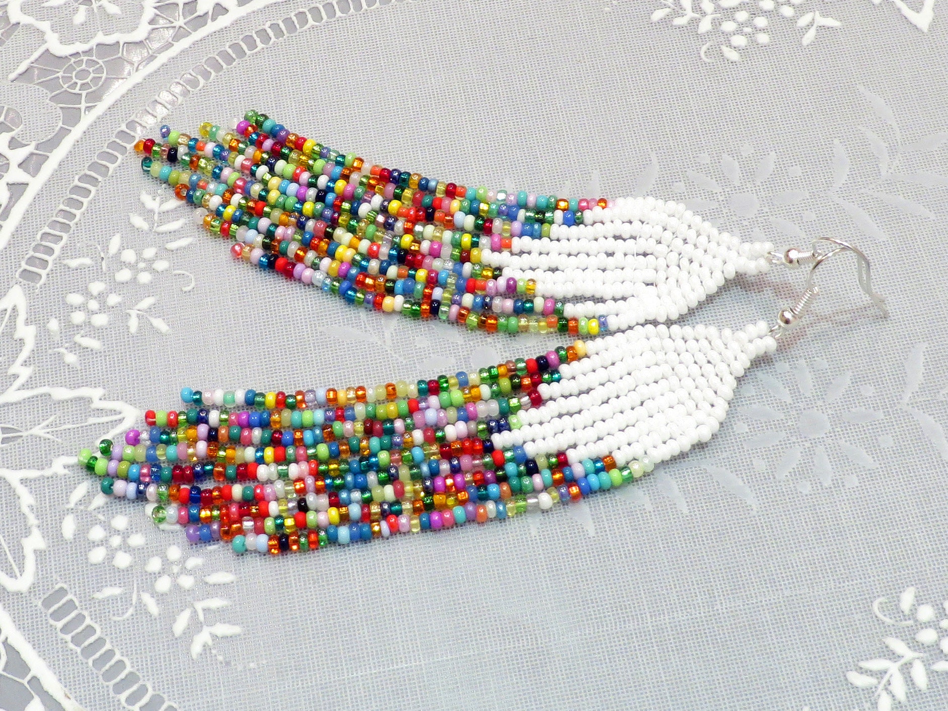 Long colorful beaded earrings Multicolored fringe earrings | Etsy