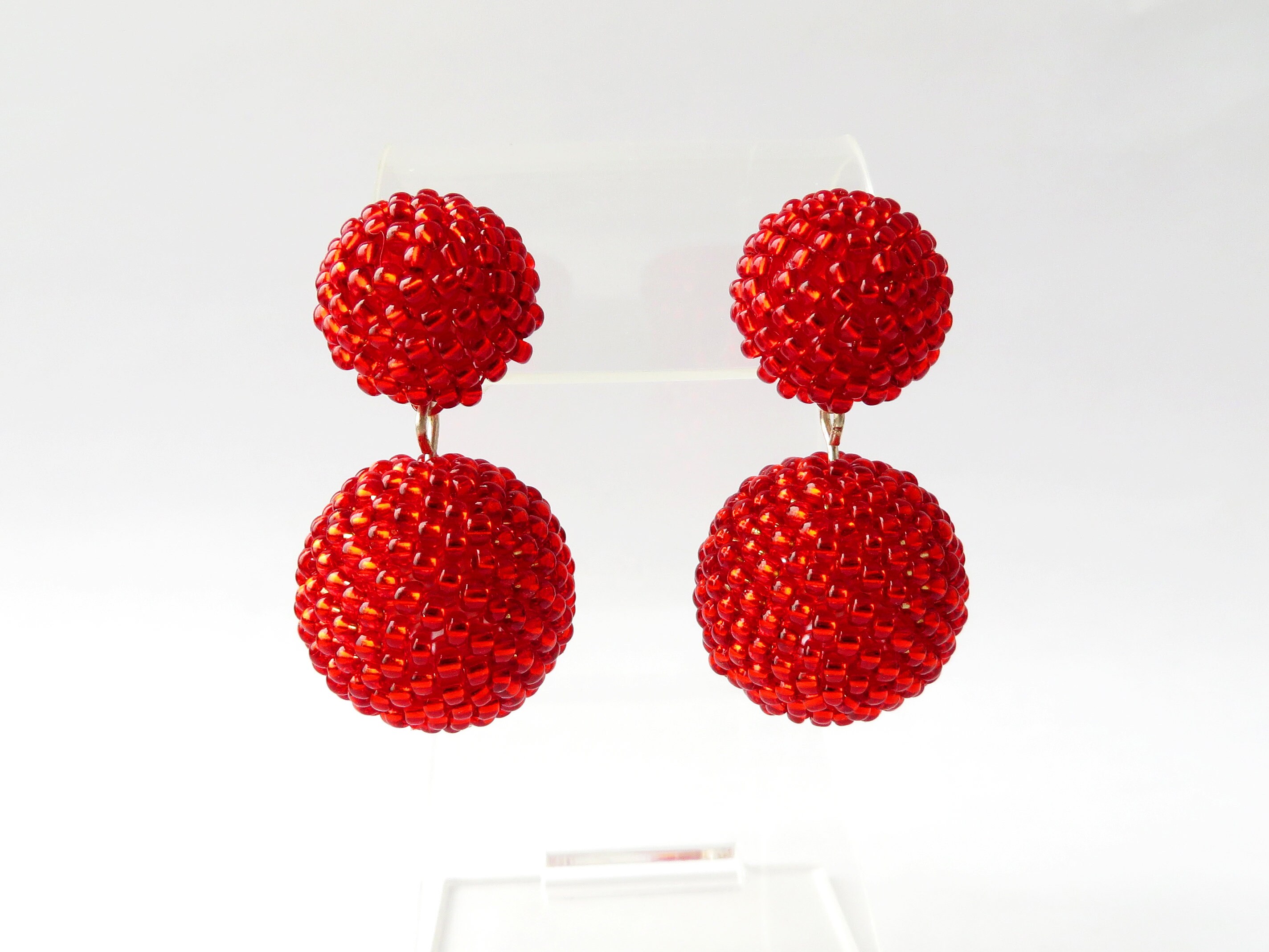 Bright Red Clip on Earrings Bon Bon Earrings Long Seed Beaded Balls ...