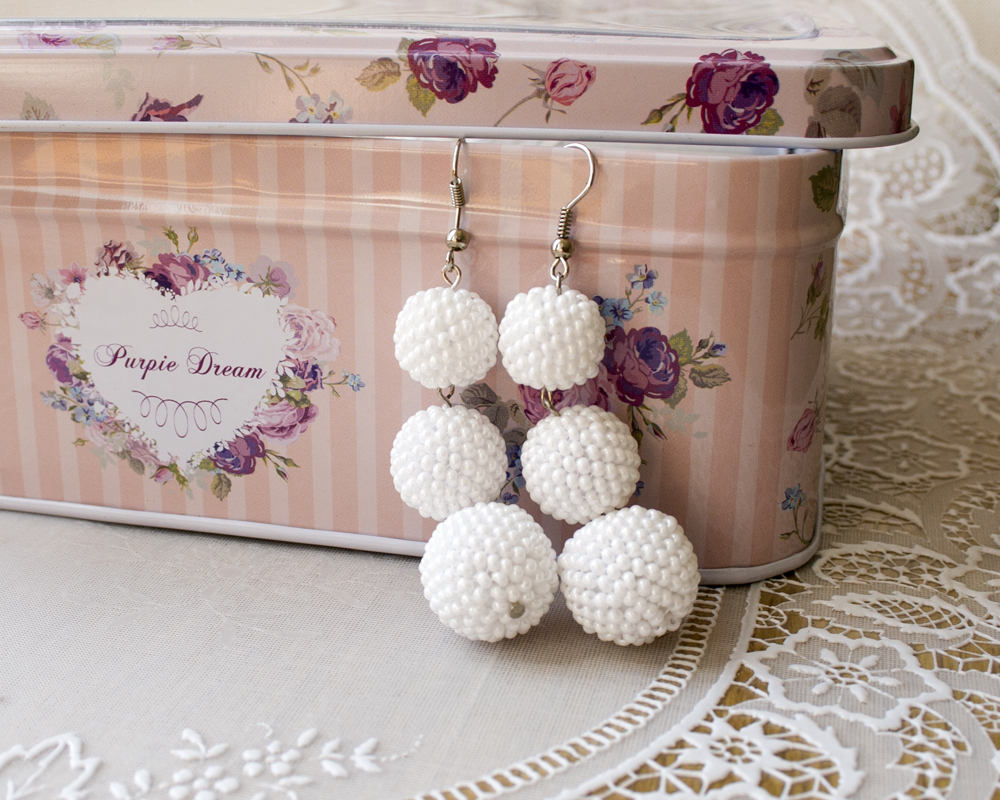 Bon Bon Earrings White Ball Drop Earrings Long Seed Beaded | Etsy