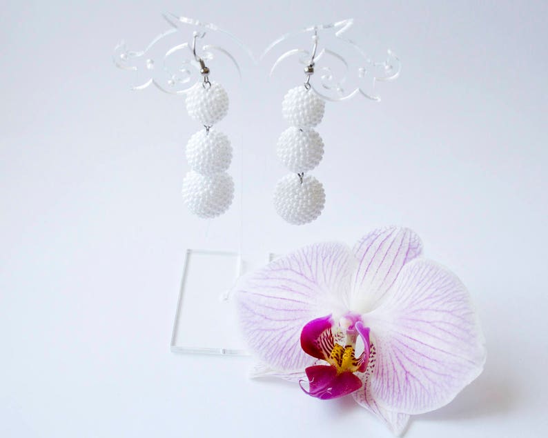 Bon Bon Earrings White Ball Drop Earrings Long Seed Beaded - Etsy