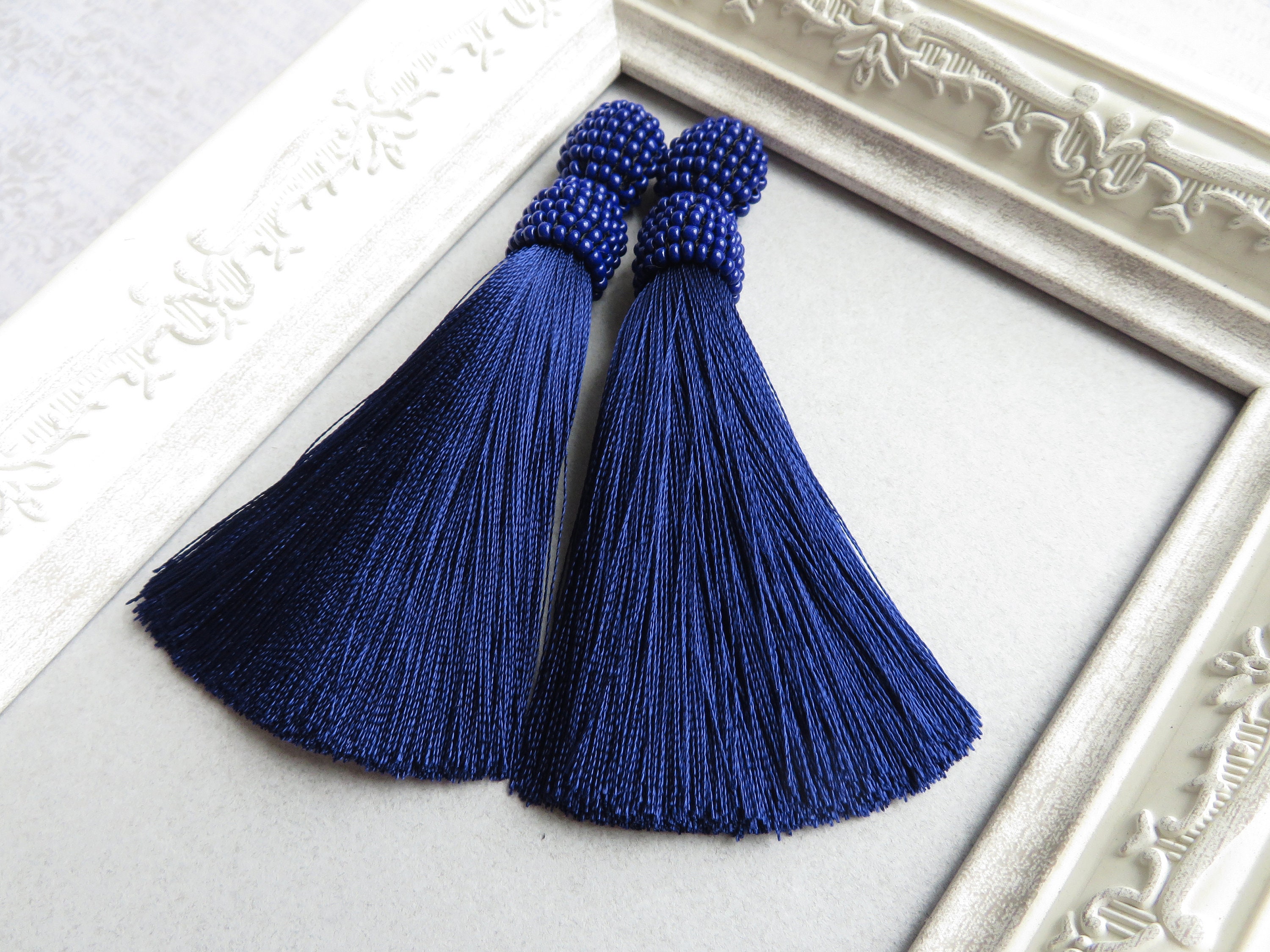 Navy Blue earrings Long silk earrings Silk Beaded Tassels | Etsy
