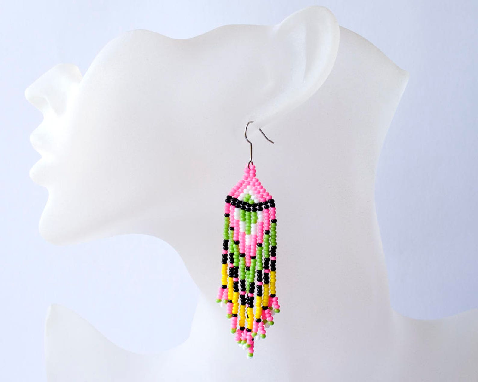 Long Colorful Beaded Earrings Bright Earrings Multicolored Fringe ...