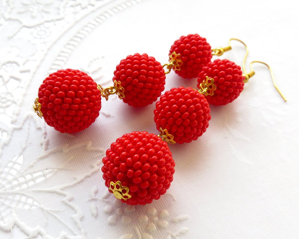 Red Ball Drop Earrings Red Bon Bon Earrings Long Seed Beaded | Etsy