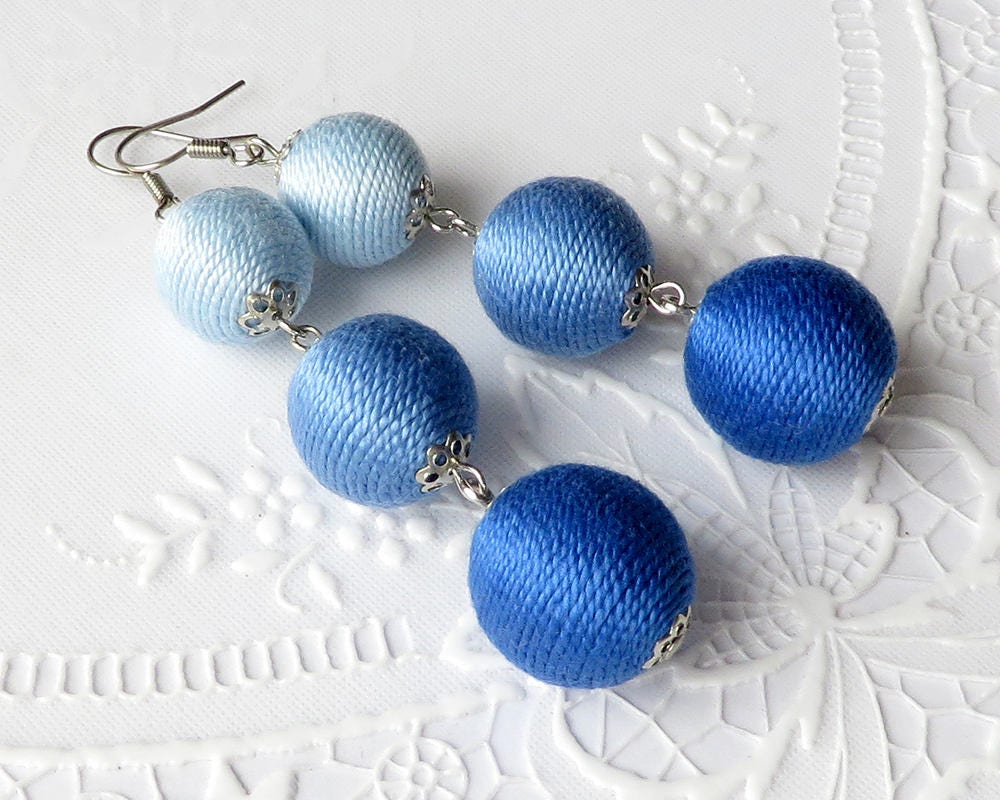 Blue Bon Bon Earrings Ball Drop Pom Pom Earrings Long Ombre Earrings ...