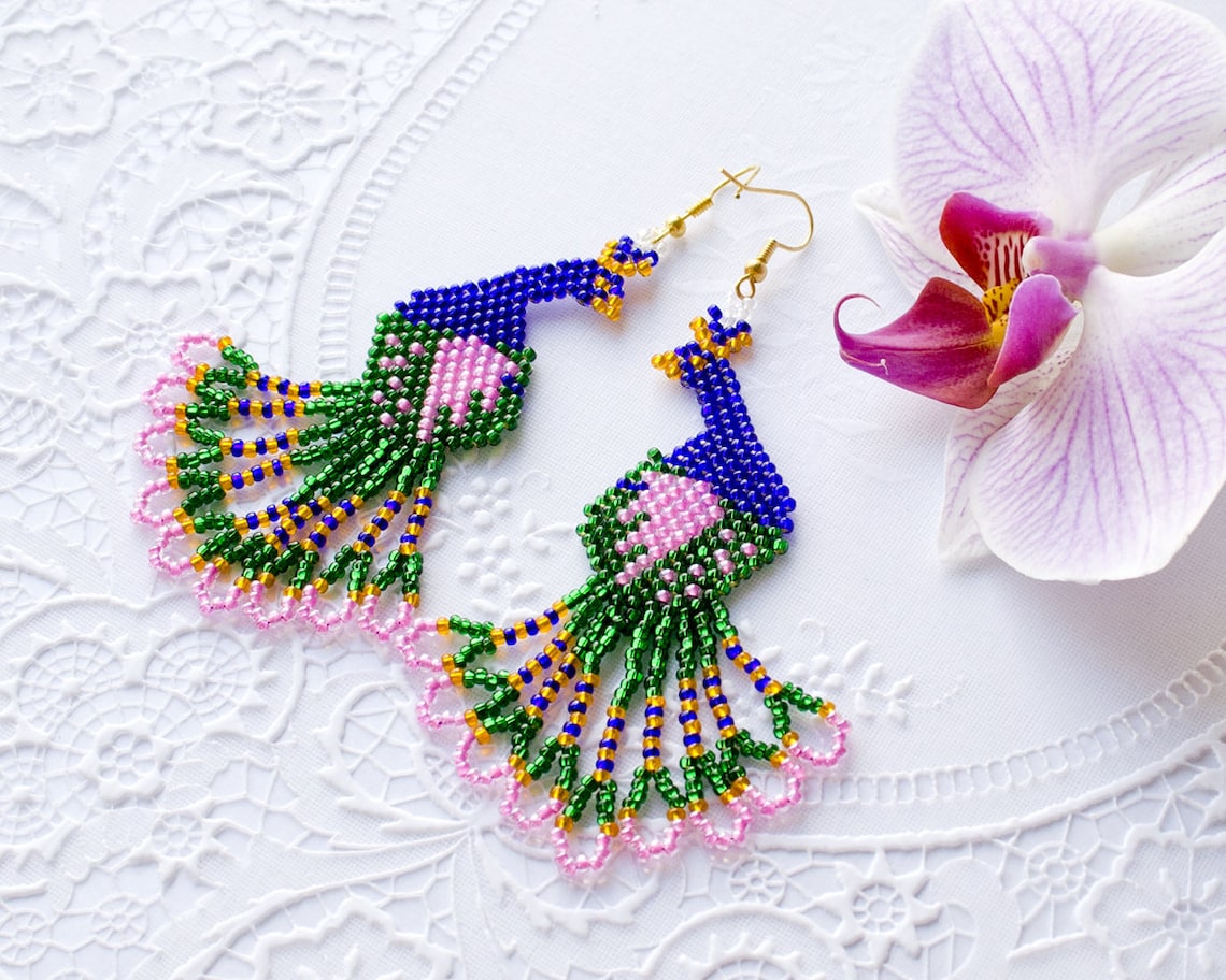 Peacock Long Beaded Earrings Peacocks Seed Beaded Earrings | Etsy