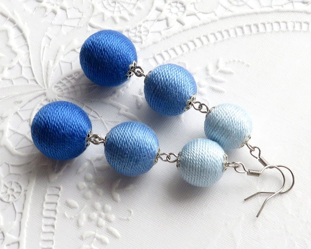 Blue Bon Bon Earrings Ball Drop Pom Pom Earrings Long Ombre Earrings ...