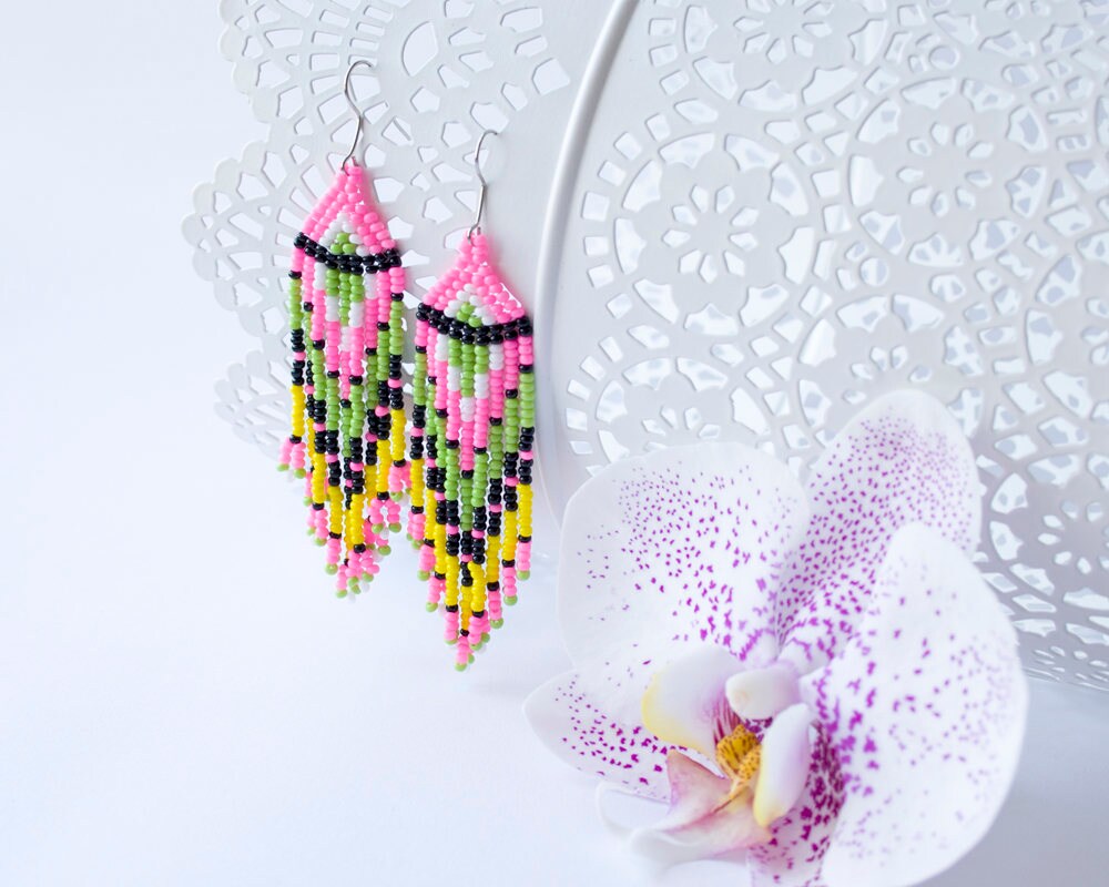 Long Colorful Beaded Earrings Bright Earrings Multicolored - Etsy