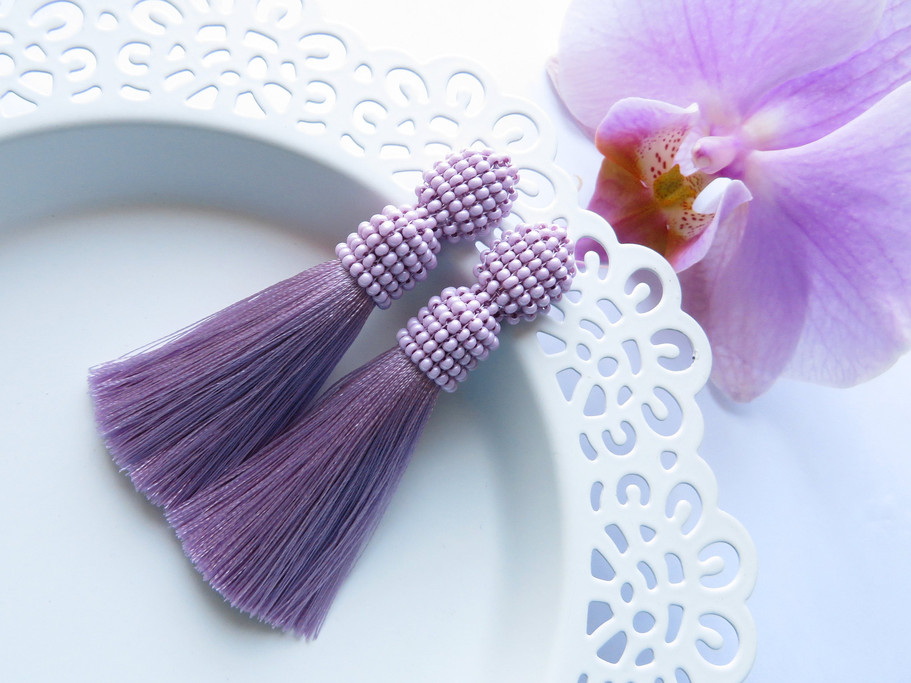 Lavender Long silk earrings Silk Beaded Tassels Jewelry Violet | Etsy