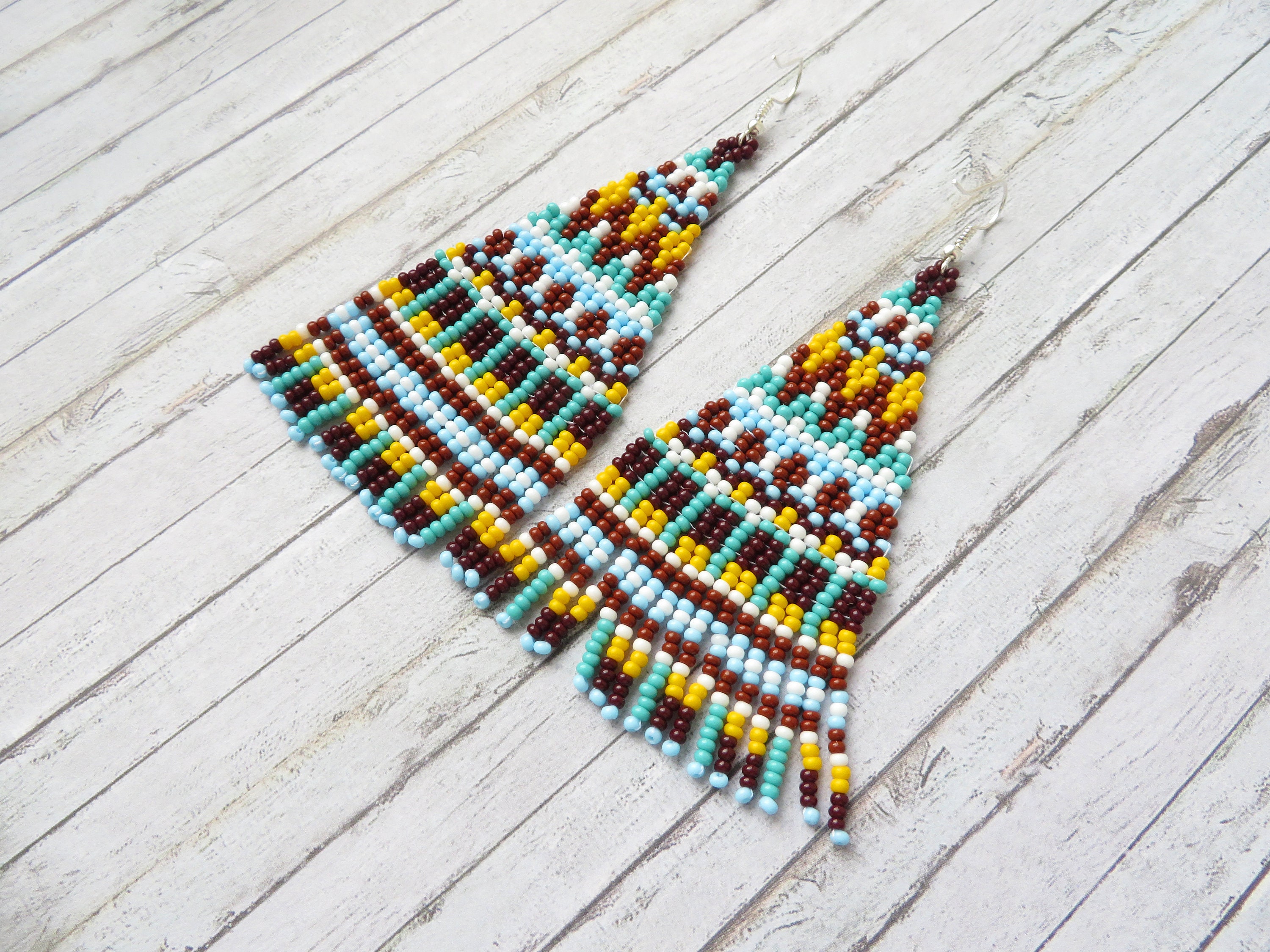 Native earrings Seed bead earrings Multicolored fringe | Etsy