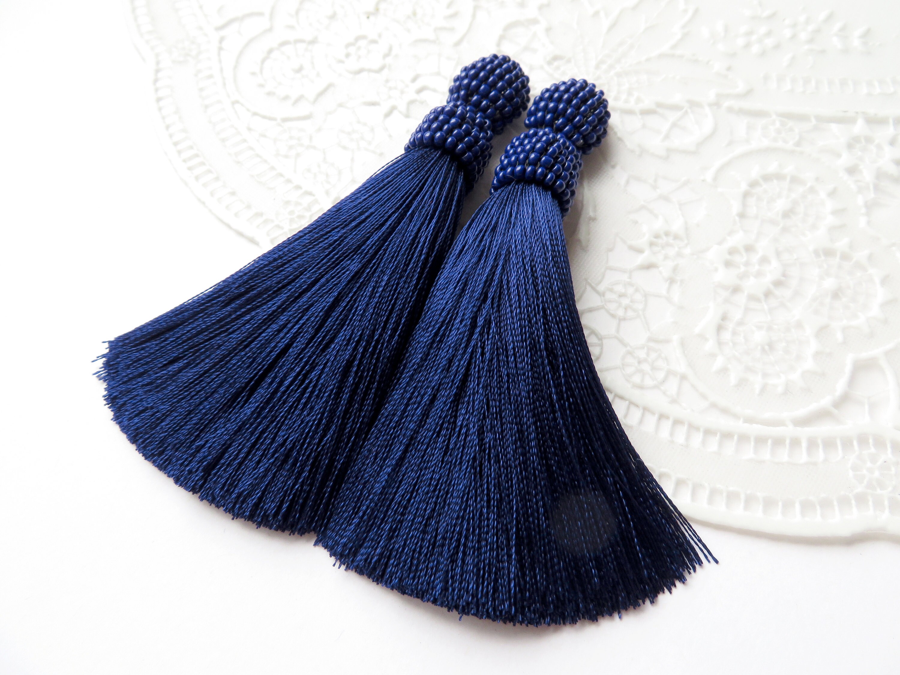 Navy Blue earrings Long silk earrings Silk Beaded Tassels | Etsy