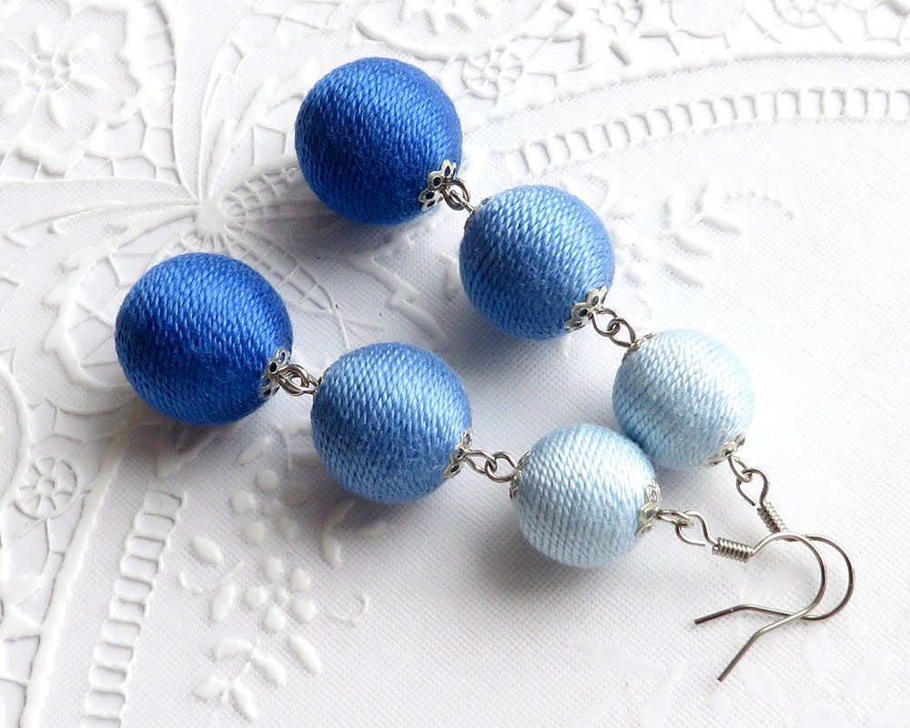Blue Bon Bon Earrings Ball Drop Pom Pom Earrings Long Ombre Earrings ...