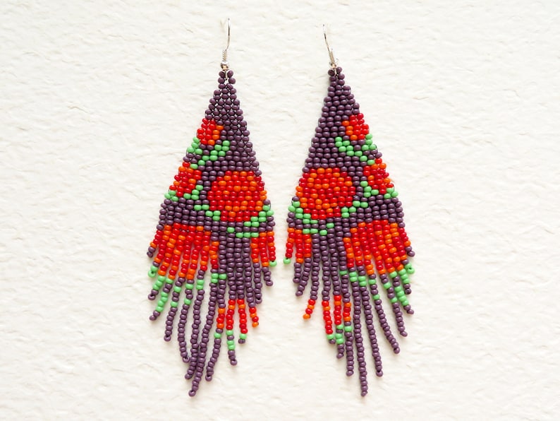 Flower beaded earrings Seed bead earrings Floral tassel | Etsy