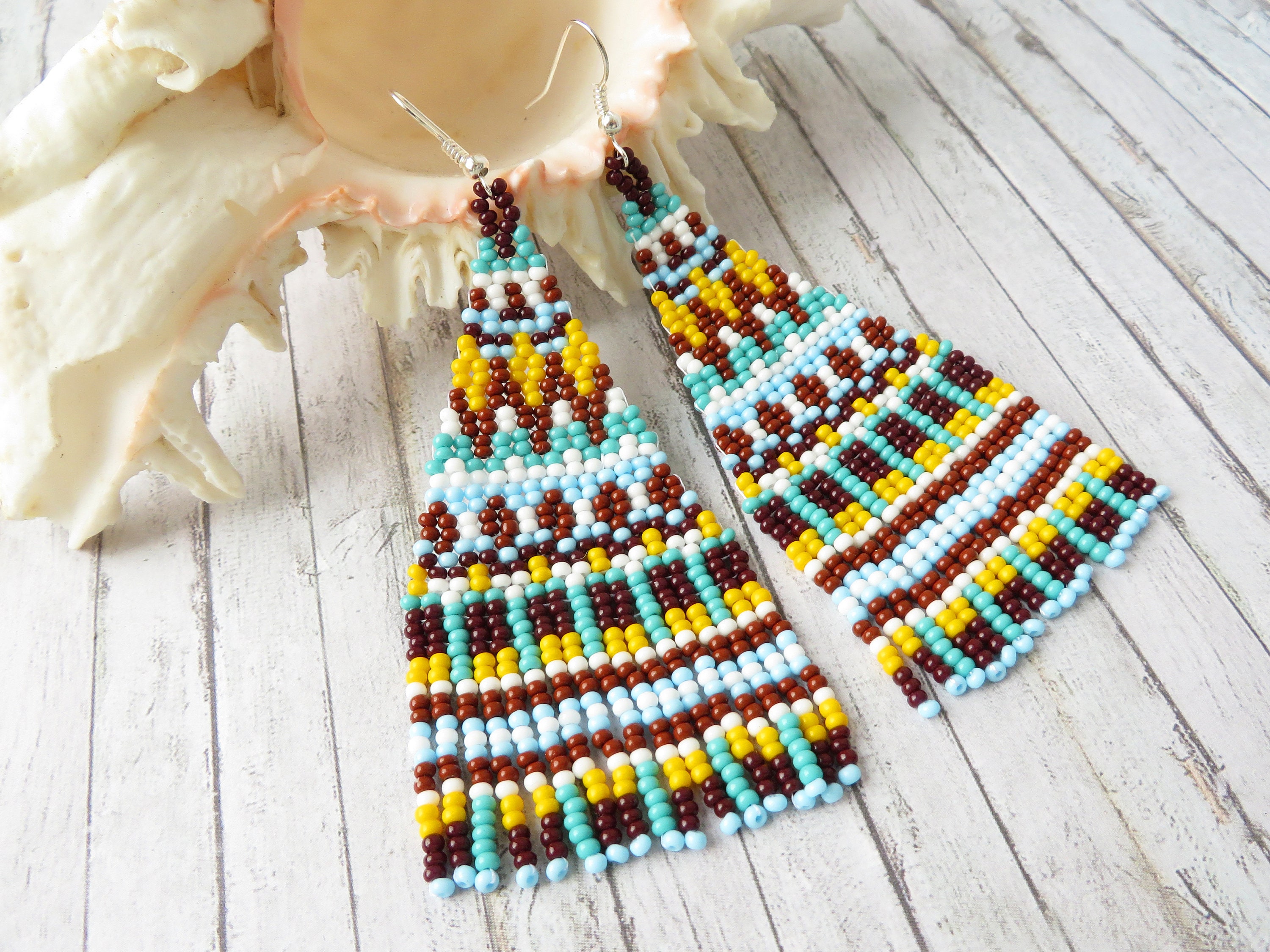 Native earrings Seed bead earrings Multicolored fringe | Etsy