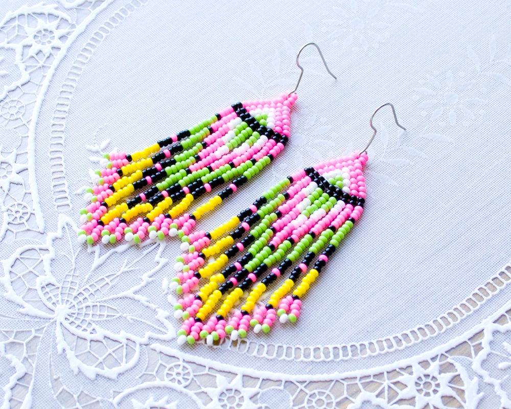 Long colorful beaded earrings Bright earrings Multicolored | Etsy