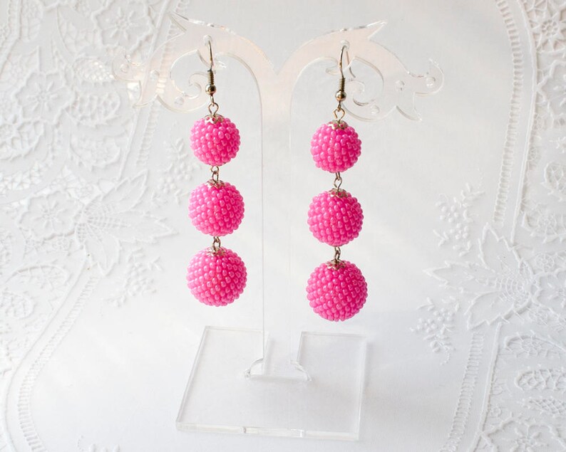 Hot Pink Bon Bon Earrings Pom Pom Earrings Ball Drop Earrings Long Seed ...