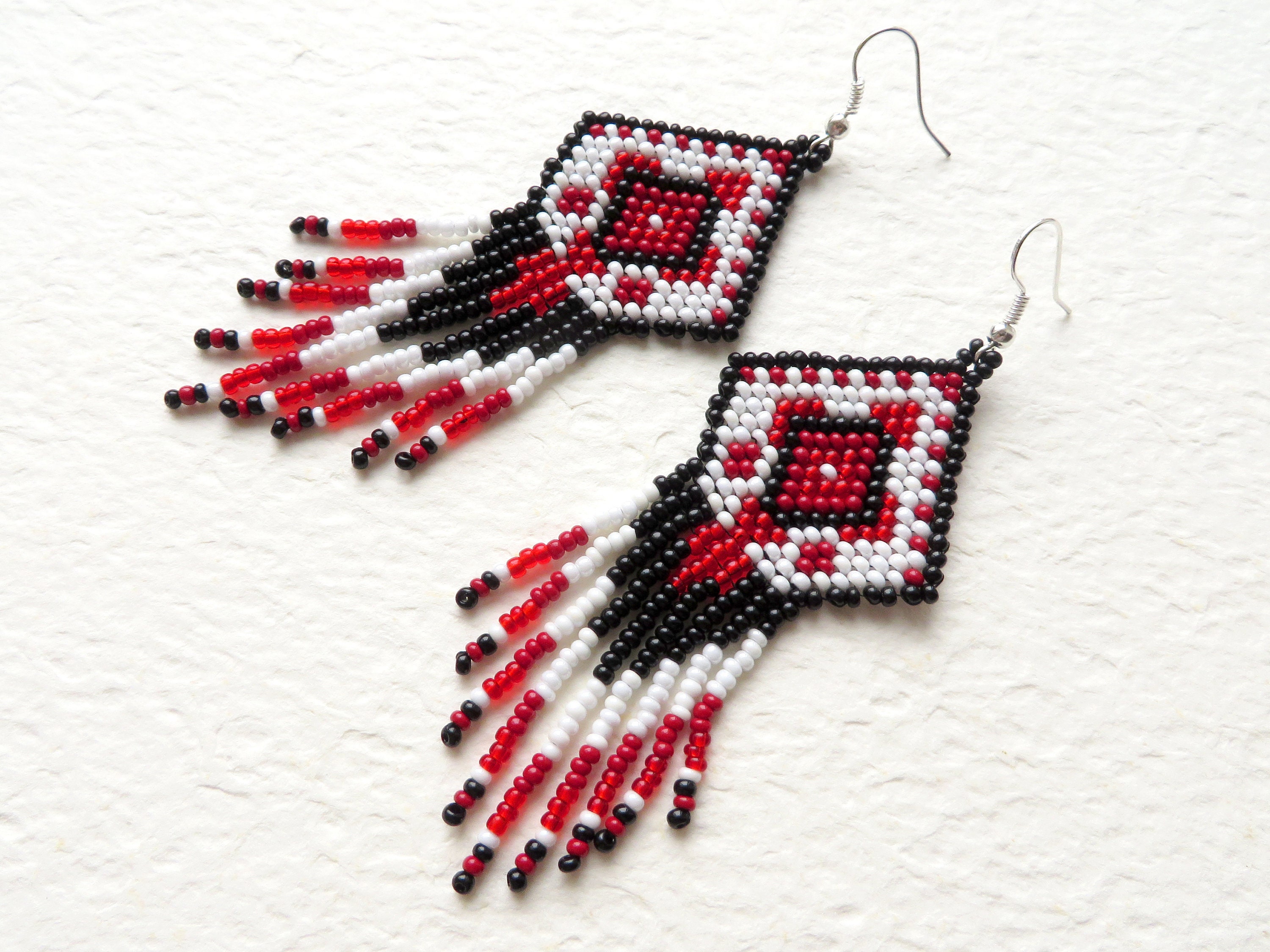 Native beaded earrings Long Black Red White Seed bead earrings | Etsy