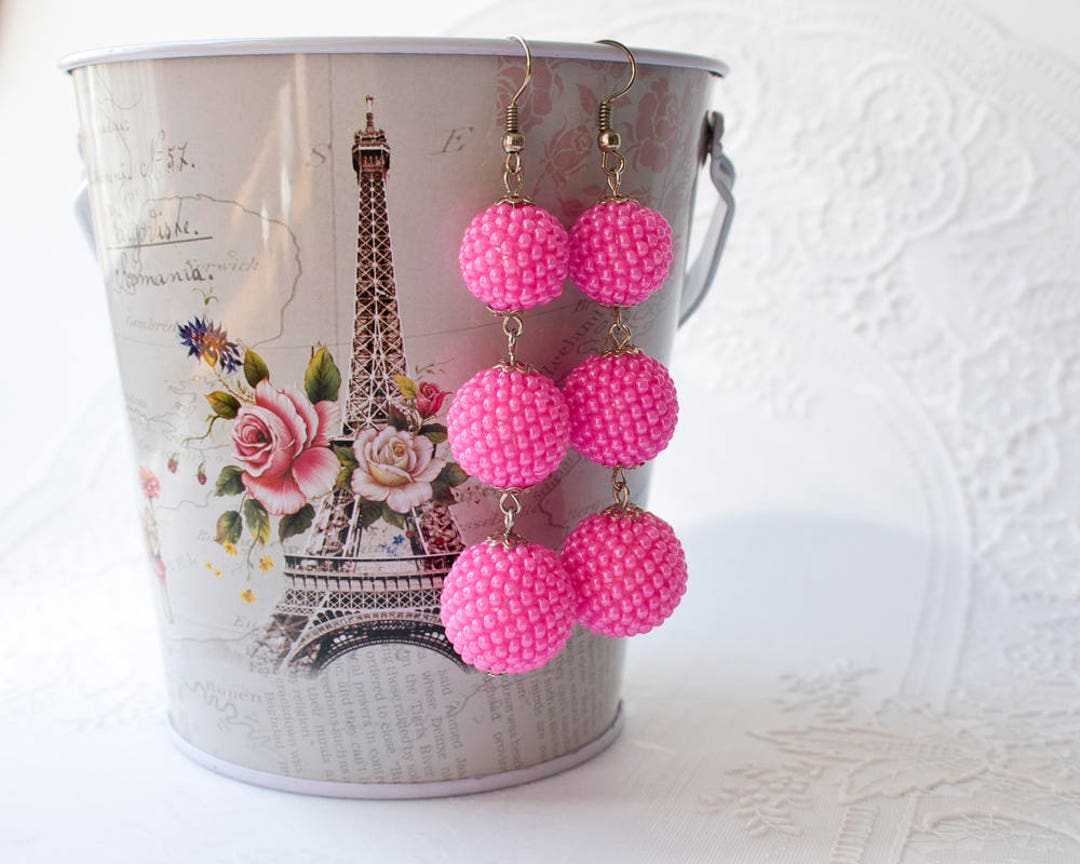 Hot Pink Bon Bon Earrings Pom Pom Earrings Ball Drop Earrings Long Seed ...