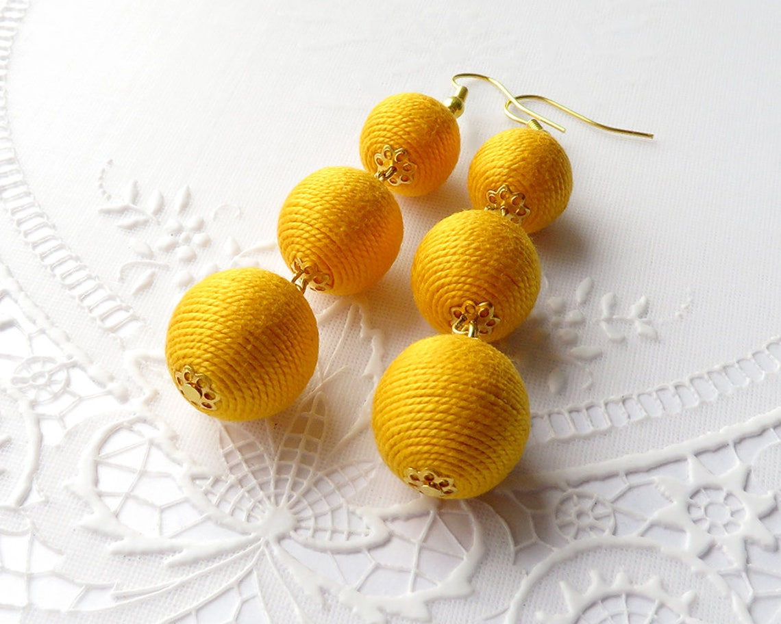 Amber Yellow Bon Bon Earrings Ball Drop Long Earrings Les - Etsy