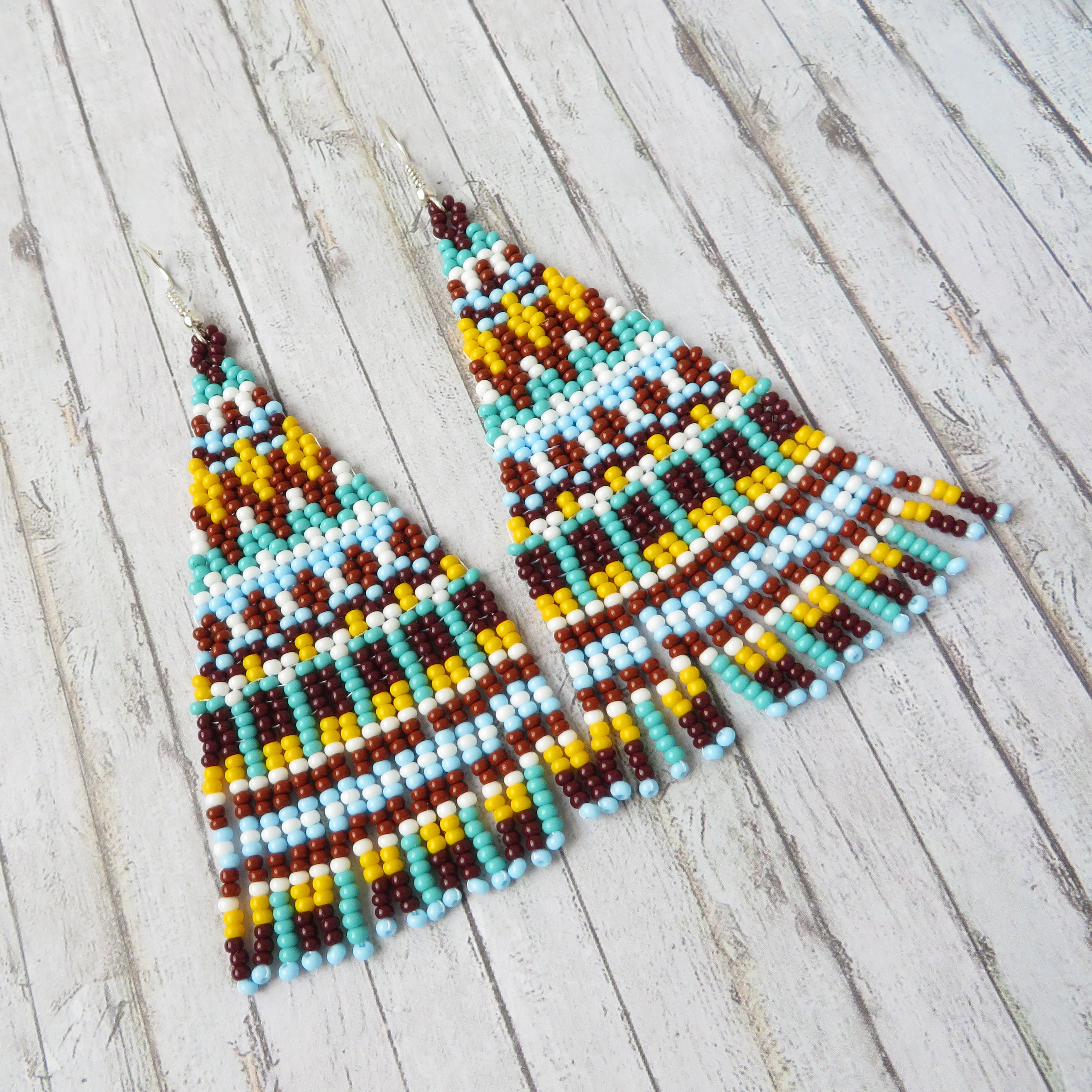 Native earrings Seed bead earrings Multicolored fringe | Etsy