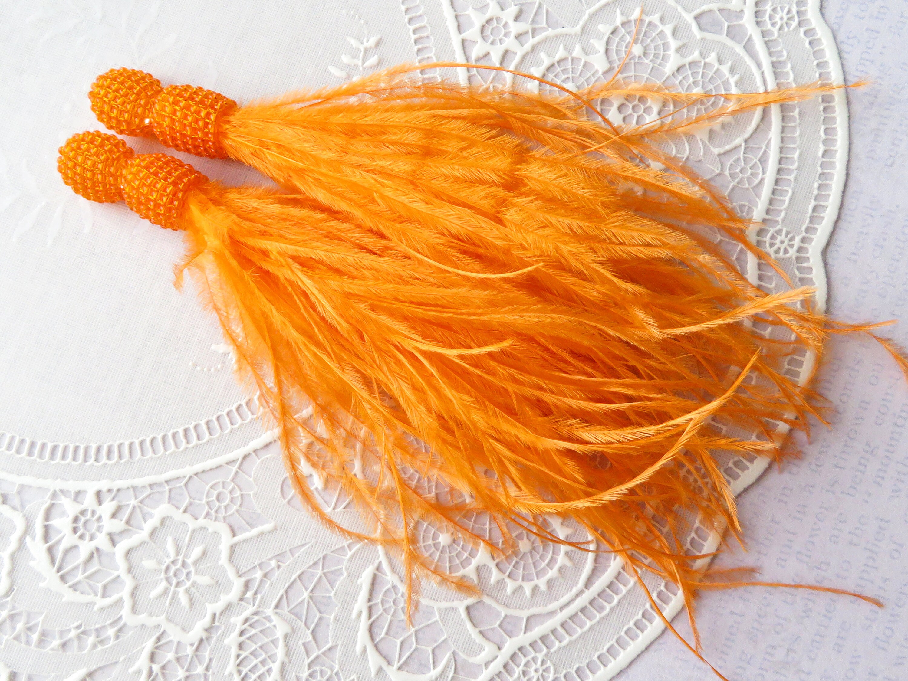 Orange Ostrich Feather Earrings Long Beaded Tassel Earrings Oscar ...