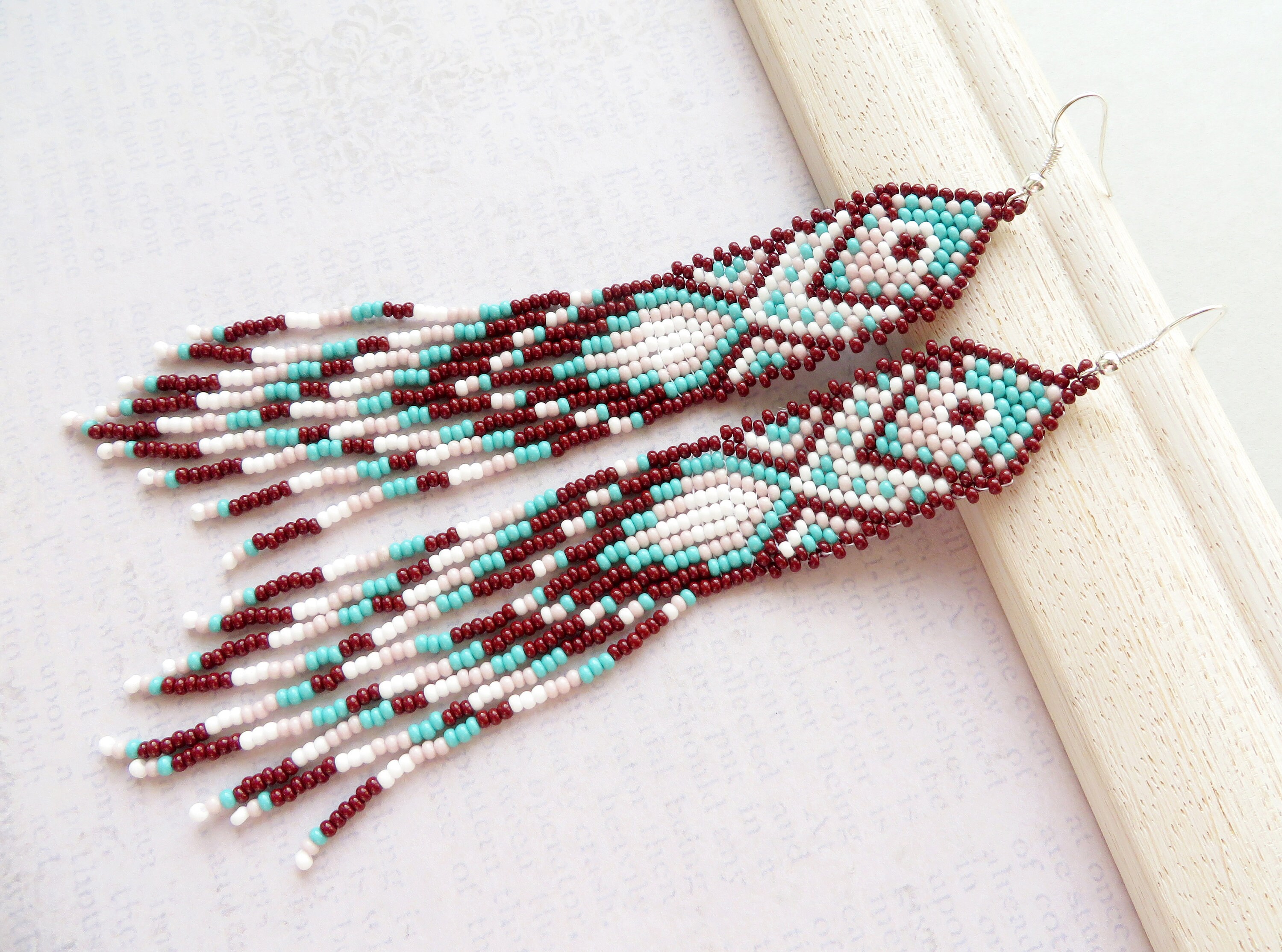 Long Beige Blue Seed bead earrings Native beaded earrings | Etsy