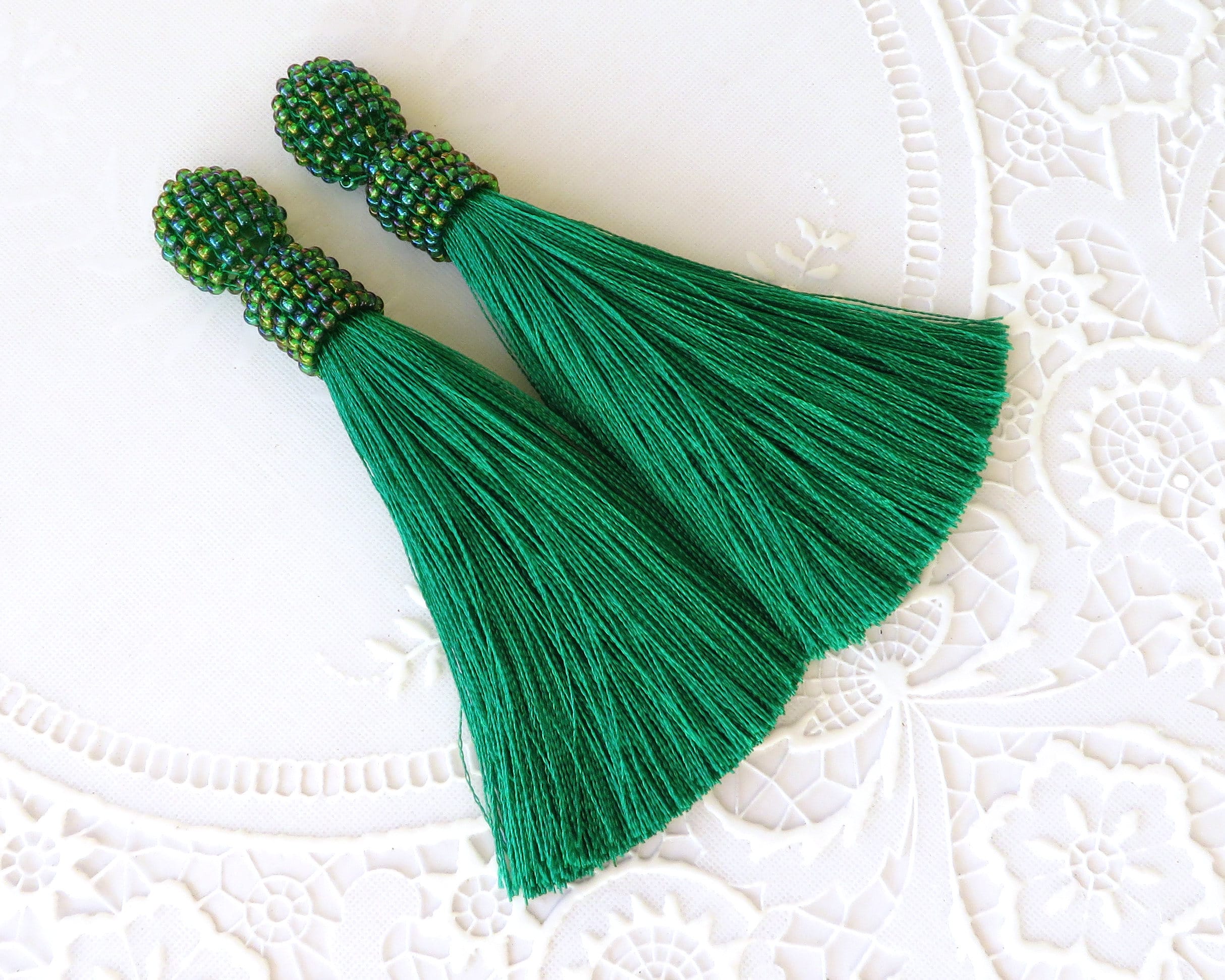 Green silk earrings Green Clip on tassels earrings Long silk | Etsy