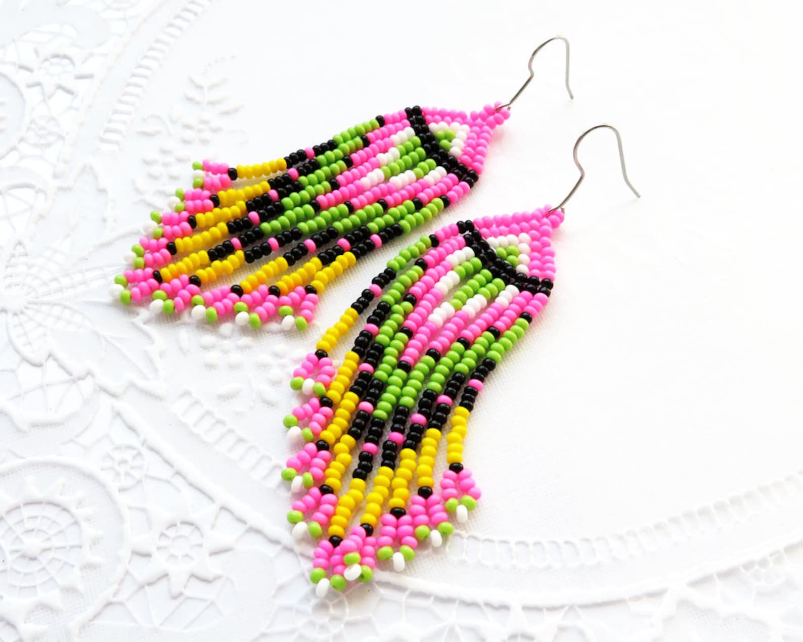 Long Colorful Beaded Earrings Bright Earrings Multicolored Fringe ...