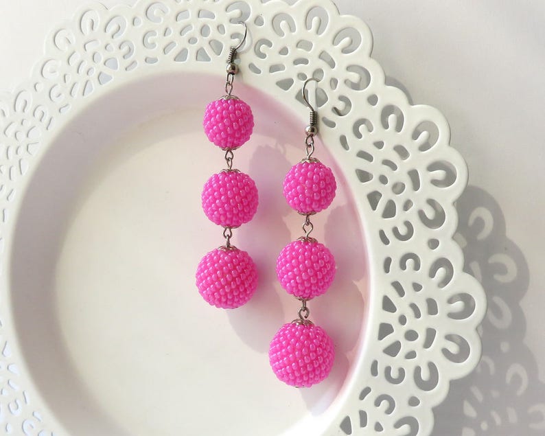 Hot Pink Bon Bon Earrings Pom Pom Earrings Ball Drop Earrings Long Seed ...