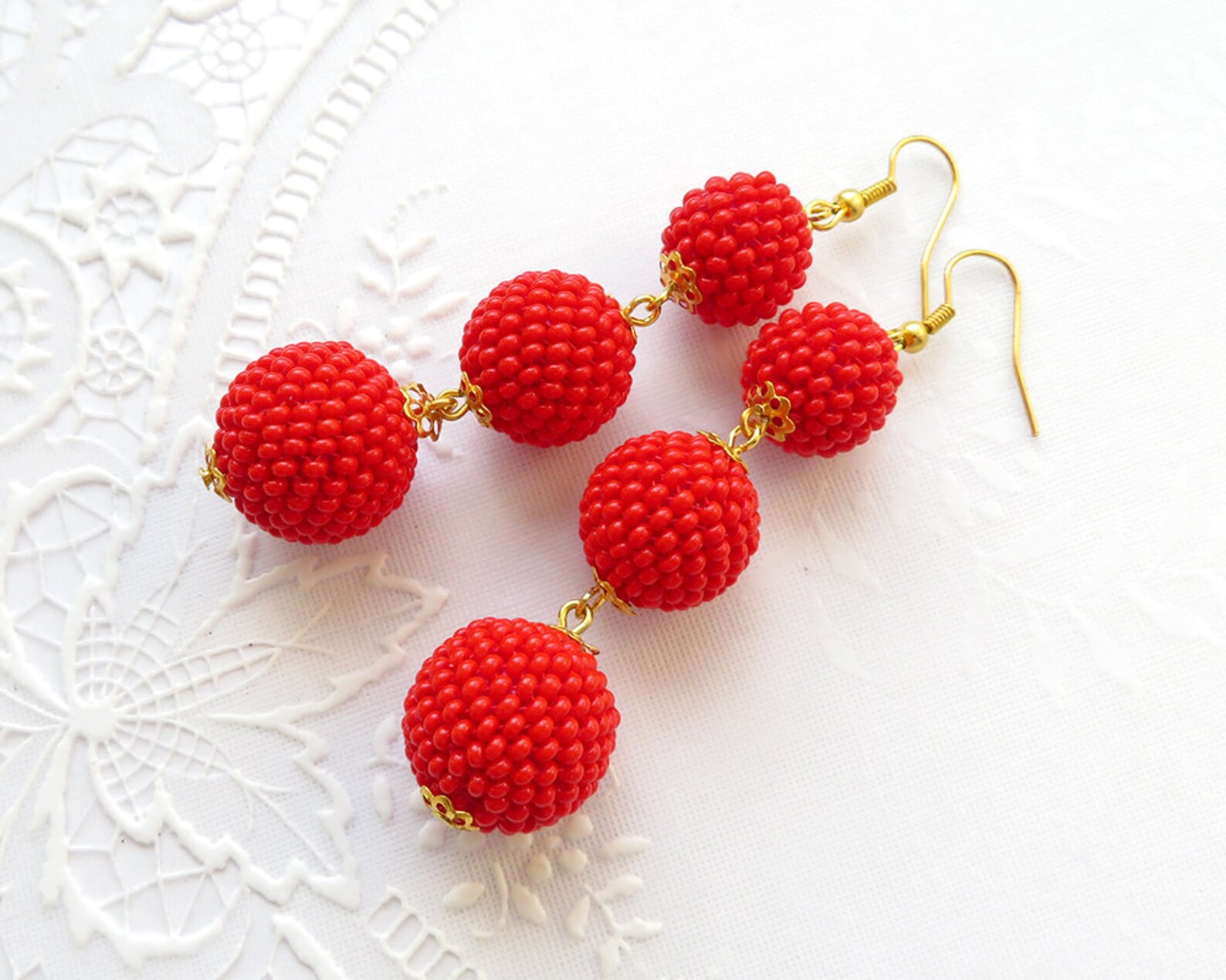 Red Ball Drop Earrings Red Bon Bon Earrings Long Seed Beaded - Etsy
