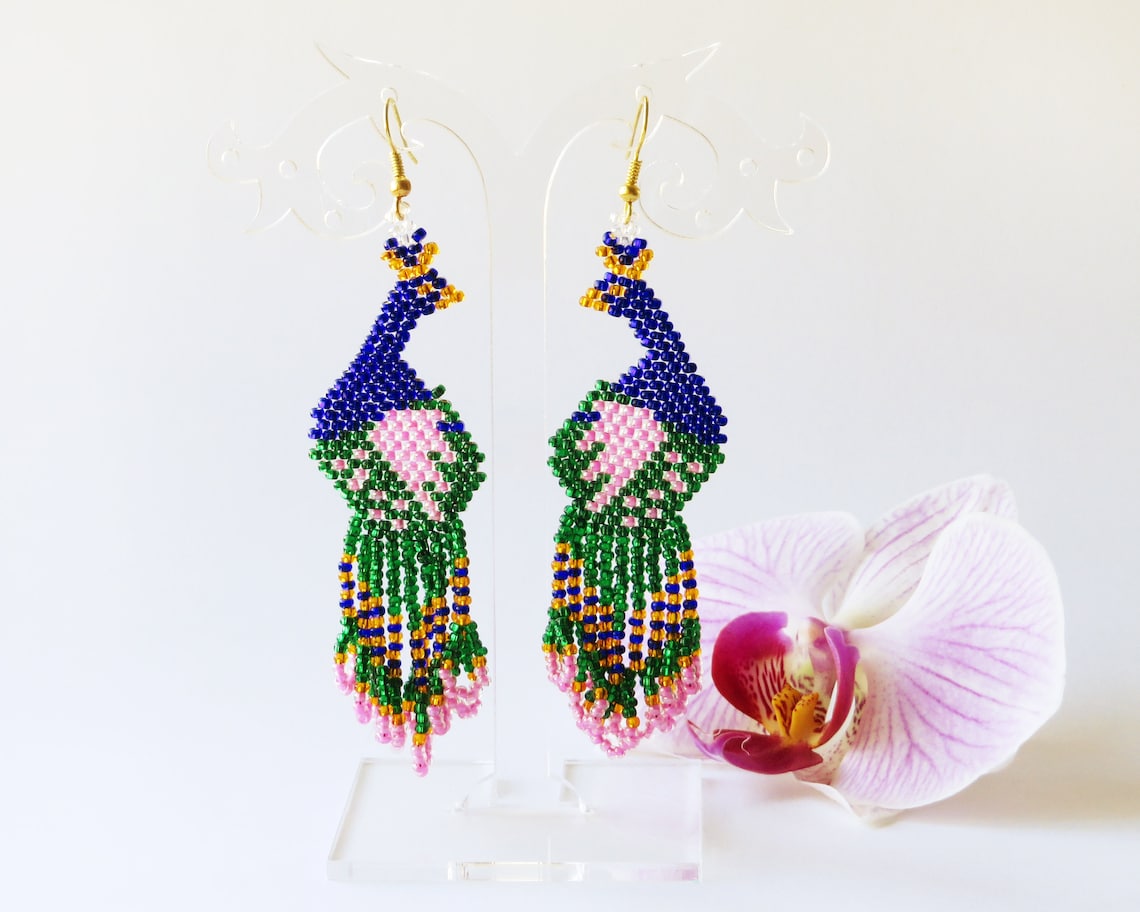 Peacock Long Beaded Earrings Peacocks Seed Beaded Earrings | Etsy