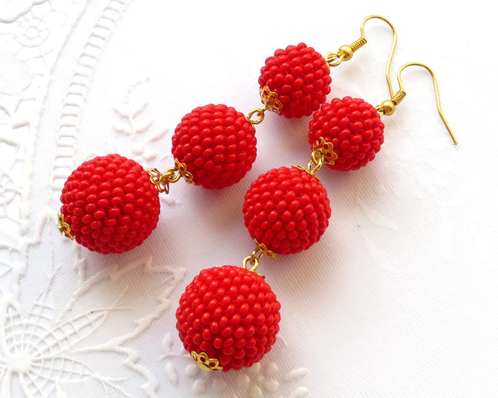 Red Ball Drop Earrings Red Bon Bon Earrings Long Seed Beaded - Etsy