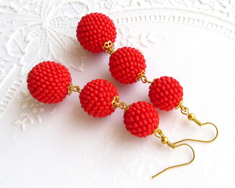 Red Ball Drop Earrings Red Bon Bon Earrings Long Seed Beaded | Etsy
